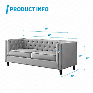 Mjkone Velvet Sofa 69'' W, Compact Loveseat Couch with Solid Wood Legs, Button Tufted Futon for Small Spaces, Mid-Century Modern Style Big 2 Seat Couch for Living Room, Apartment, Office - Dark Gray