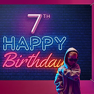 Glow Neon Happy 7th Birthday Backdrop Banner Decor Black – Colorful Glowing 7 Years Old Birthday Party Theme Decorations for Boys Girls Supplies