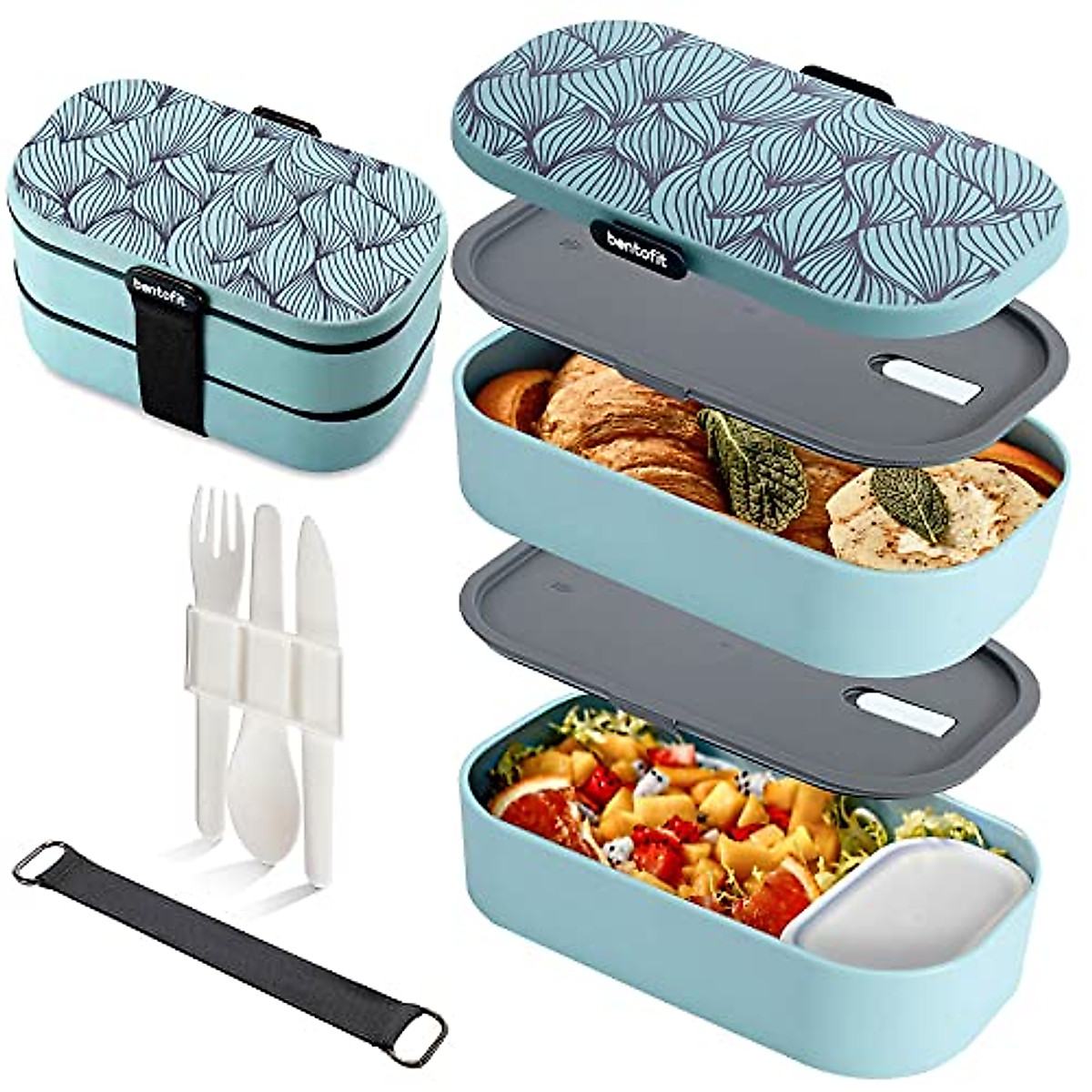 Bentofit Premium Bento Box Adult Lunch Box - 45oz 2-Compartment Container with Cutlery & Sauce Holder for Convenient On-the-Go Meals, Microwavable (Wathet Blue)