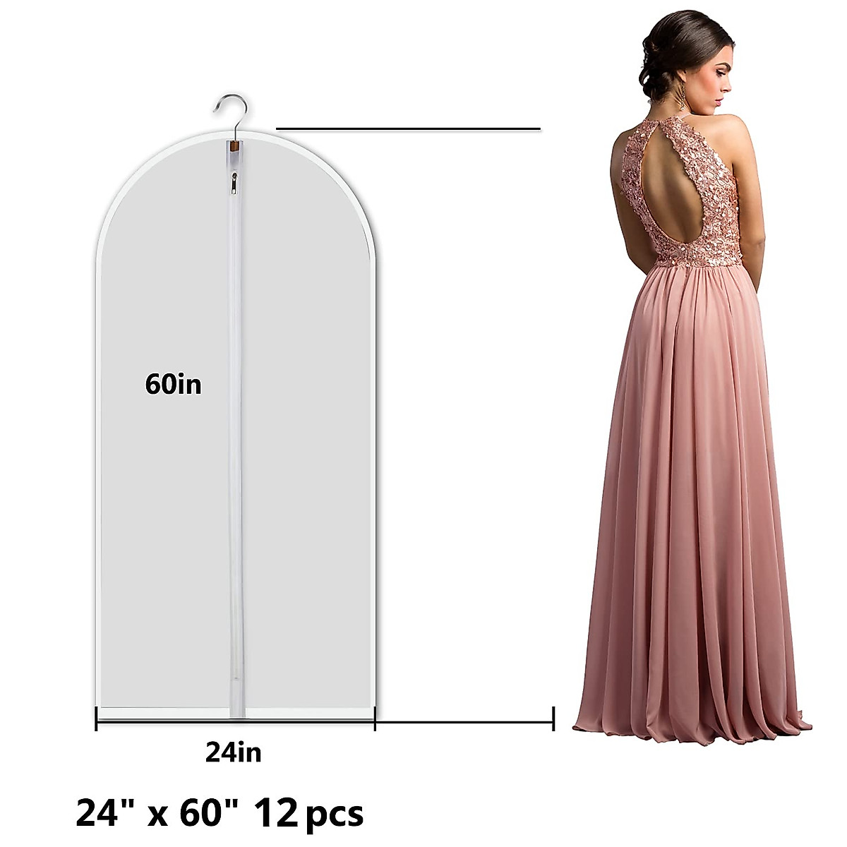 Mskitchen Clear Garment Bags Clothes Covers Protecting Dusts (set Of 12) For Storage Plastic Garment Bags Hanging Clothes Bags with Zipper Gown Garment Bag for Long Dresses - 24'' X 60''/12 Pack