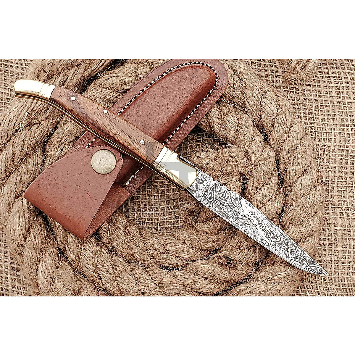 HUNTEX Custom Handmade Hand-Forged Twist Pattern Damascus Steel 4 Inch Long Natural Rosewood Handle Razor Sharp Hunting Camping Folding Pocket French Lagouli Knife with Genuine Leather Pouch