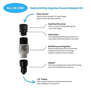 Habitech Drip Irrigation Faucet Adapter Kit: Connect 1/2" Tubing to Faucet or Hose, Backflow Preventer, Filter, Pressure Regulator - No Assembly Required