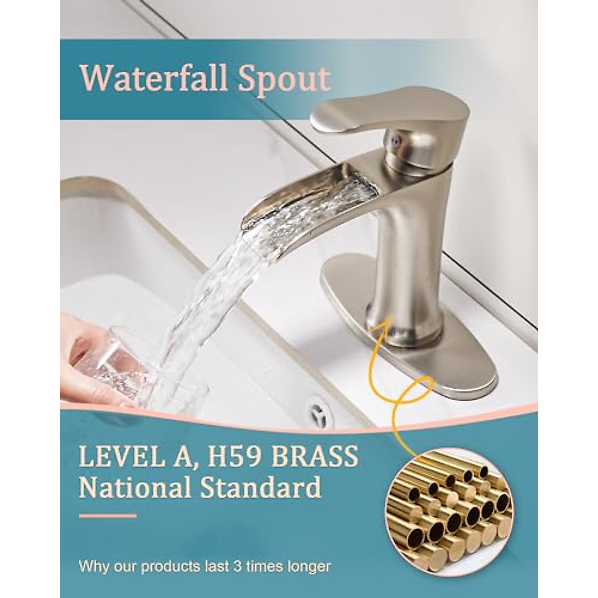 KUZOR Single Hole Bathroom Faucets Brushed Nickel, Waterfall One Hole Bathroom Faucet with Metal Pop Up Drain, Solid Brass Faucet for Bathroom Sink, Brush Nickel