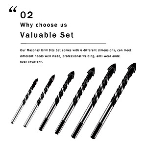 JOHOUSE 12PCS Masonry Drill Bits Set & Concrete Drill Bit, Professional Masonry Bit Tile Drill Bits Set Cement Drill Bit, 4mm to 12mm