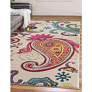 Unique Loom Estrella Collection Colorful, Paisley, Floral, Abstract, Modern Area Rug, 5 x 8 ft, Beige/Pink