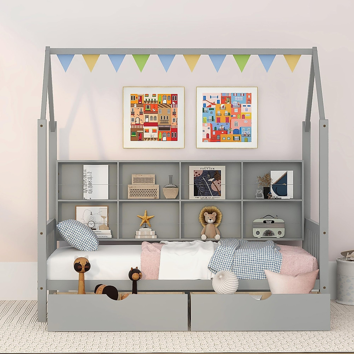 Pink House Beds with Trundle and Storage Shelves for Kids Montessori Bed Wood Playhouse Tent Bed Frame for Girls Boys, Twin Size