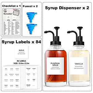 Coffee Bar Accessory - Coffee Syrup Dispenser for Coffee Bar Glass Coffee Syrup Bottles with Labels and Pump, Black