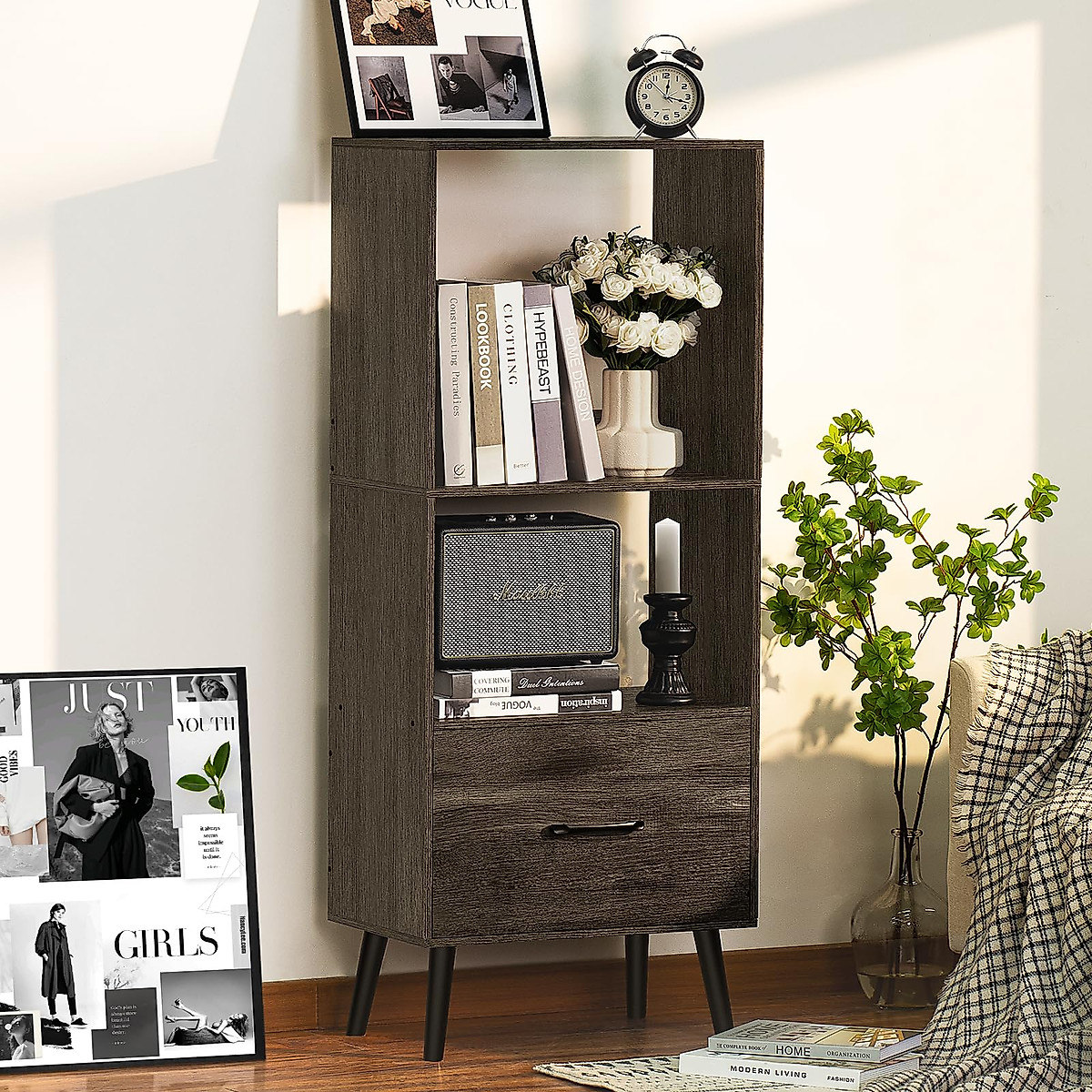 LELELINKY Open Bookshelf, 3 Tier Black Mid Century Modern Book Shelf with Drawers and Legs, Wood Bookcase with Storage Organizer Shelves for Bedroom, Living Room, Office