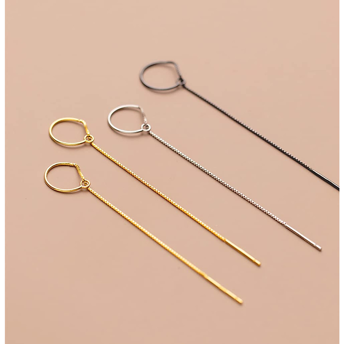 Reffeer Solid 925 Sterling Silver Dangle Chain Earrings Tassel Threader for Women Long Dangle Earrings Minimalist (B-18K Gold)