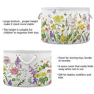 linqin Large Collapsible Cotton Rope Basket Wildflower Floral Laundry Basket 20 x 14 Inches Storage Basket Organizer for Toys, Pillows, Cushions in Living Room, Home Decor