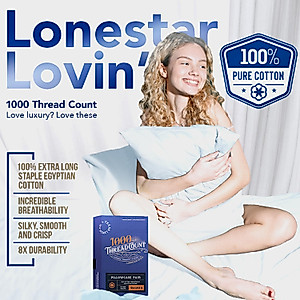 TEXAS LINEN CO. Luxury Egyptian Cotton King White Pillow Cases Set of 2-1000 Thread Count Pillowcases for Sleeping, Silky Soft, Cooling Pillow Cover, Extra Long Staple Hotel Quality Pillow Cases