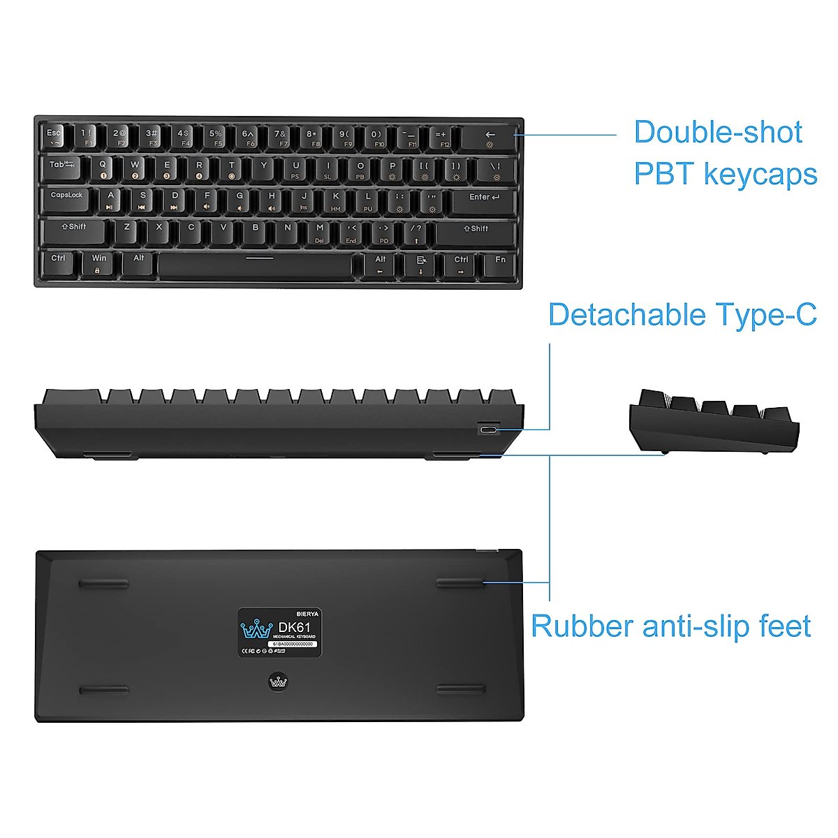 DIERYA DK61E 60% Percent Mechanical Gaming Keyboard, Optical Blue Clicky Switch, PBT Keycap, RGB Backlit, Waterproof, Wired USB C Mechanical Keyboard with Full Keys Programmable