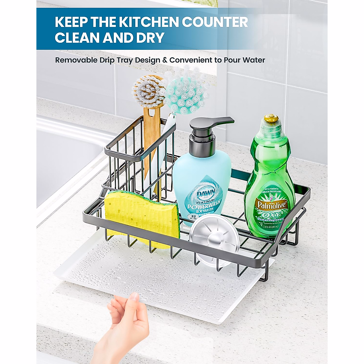 OHOBABY Sponge Holder for Kitchen Sink, Sink Caddy with Removable Drip Tray, Rustproof Stainless Steel Kitchen Sink Organizer with Dish Brush Holder for Countertop, Black (8.26'' X 5.51'' X 4.33'')