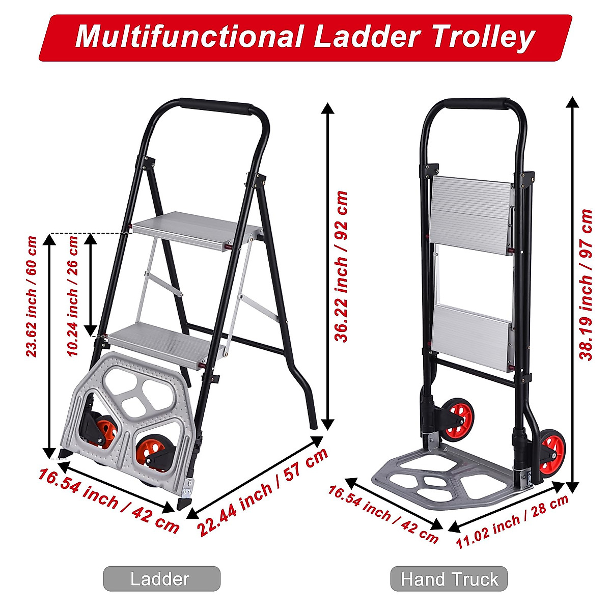 ExGizmo Aluminum Hand Truck,2 in 1 Folding Step Ladder,Portable Aluminum Ladder 551 LBS Load Capacity,Multifunction Collapsible Dolly Cart 220 LBS Load Capacity