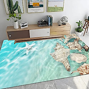Teal Ocean Beach Theme Shell and Starfish Area Rug for Bedroom Playroom Living Room Washable Soft Funky Cute Dining Room Carpet Indoor No-Slip Hallway Kitchen Bathroom Rug 3x8