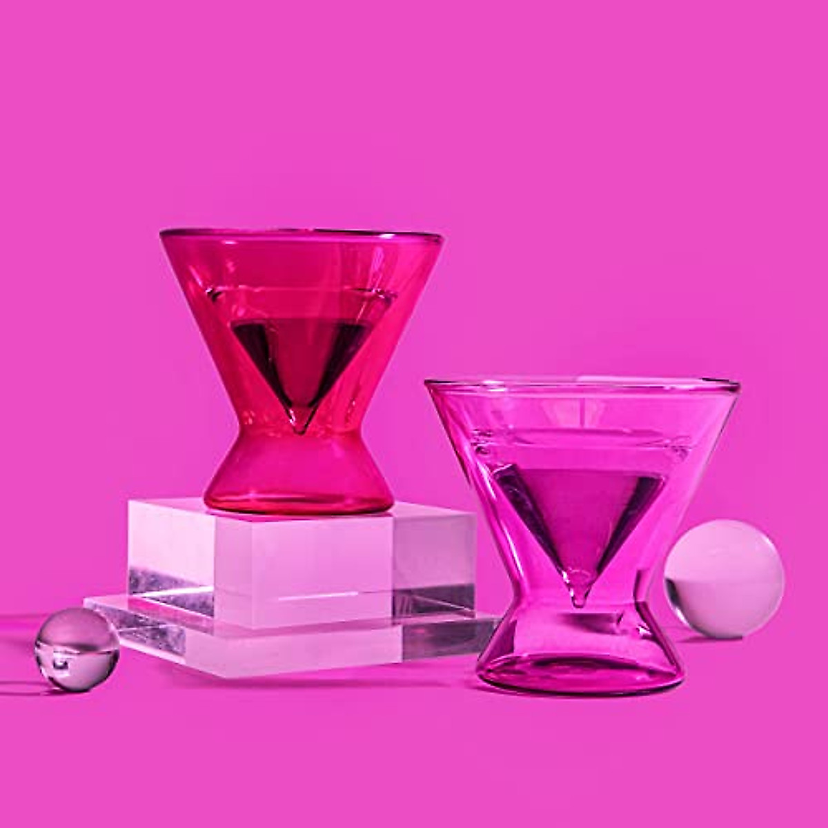 Dragon Glassware x Barbie Martini Glasses, Stemless Pink and Magenta Double Wall Insulated Cocktail Glasses, As Seen in Barbie The Movie, 7 oz Capacity, Set of 2
