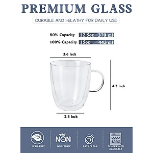 Kanwone Glass Coffee Mugs - 12.5 Ounce Double Wall Insulated Mug Set with Handle, Clear Coffee Mugs, Perfect for Latte, Americano, Cappuccinos, Tea Bag, Beverage, Set of 4