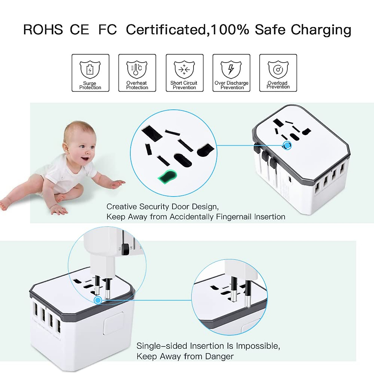 Universal Power Adapter, USB International Travel Adaptor All in One Worldwide Plug Fast Charger Outlet with 4 USB Ports AC Socket for US to AU UK Europe Over 224 Countries