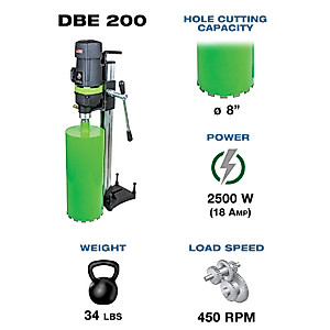 CS Unitec DBE 201 8" Capacity Concrete Core Drill - Wet Diamond Core Drilling Rig - For Concrete, Brick, Block, and Stone - MADE IN GERMANY - 110V
