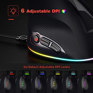 Havit Ergonomic Vertical Mouse RGB Backlit Wired Computer Mice 6 Adjustable DPI(800-1600-2400-3200-4800-6400) 6 Buttons for Laptop PC Desktop, Notebook