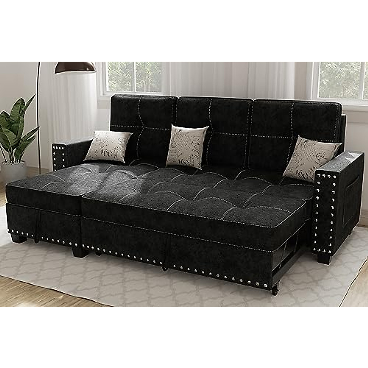 Ucloveria Reversible Sectional Sofa Couch, Sleeper Sofa Bed with Storage Chaise Pull Out Couch Bed for Living Room L-Shape Lounge 2 in 1 Sectional Couch with Pull Out Bed Black