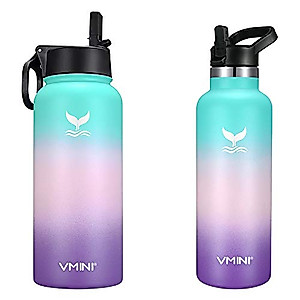 Vmini Water Bottle with Straw, 32 oz and 22 oz Vacuum Insulated 18/8 Stainless Steel, Wide Mouth and Standard Mouth Straw Lid with Wide Rotating/Fixed