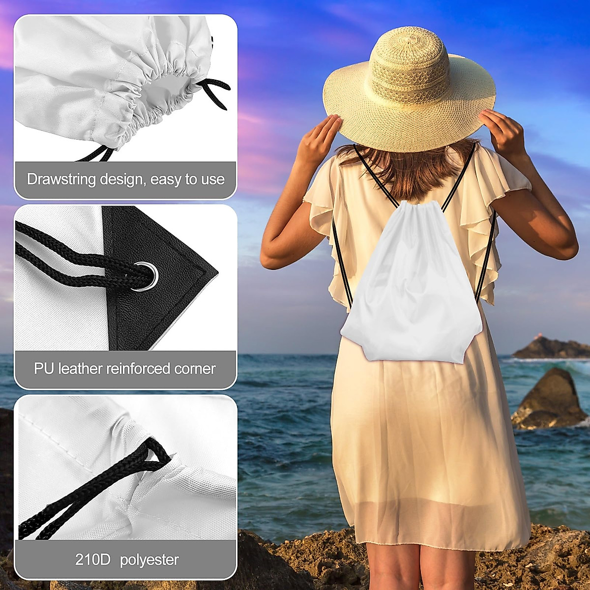 KUUQA 2 Pcs White Drawstring Backpack Drawstring Bag Bulk Sports Cinch Bags String Backpack Storage Bags for Gym Traveling