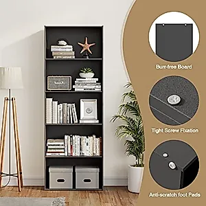Tangkula 5-Shelf Bookcase, 23.5''L x 9.5''W x 67''H, Multi-Functional Wood Storage Display Open Bookshelf for Home Office (Black)