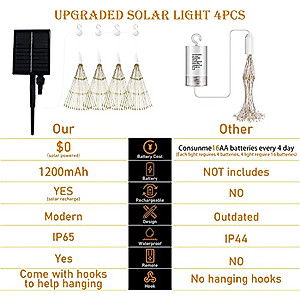 4 Pack Hanging Solar Firework Lights 480 LED Starburst Lights Outdoor Waterproof Copper Wire Lights 8 Modes Remote Control Fairy Lights Decorative for Garden Tree, Eave, Patio, Gazebo (Warm)