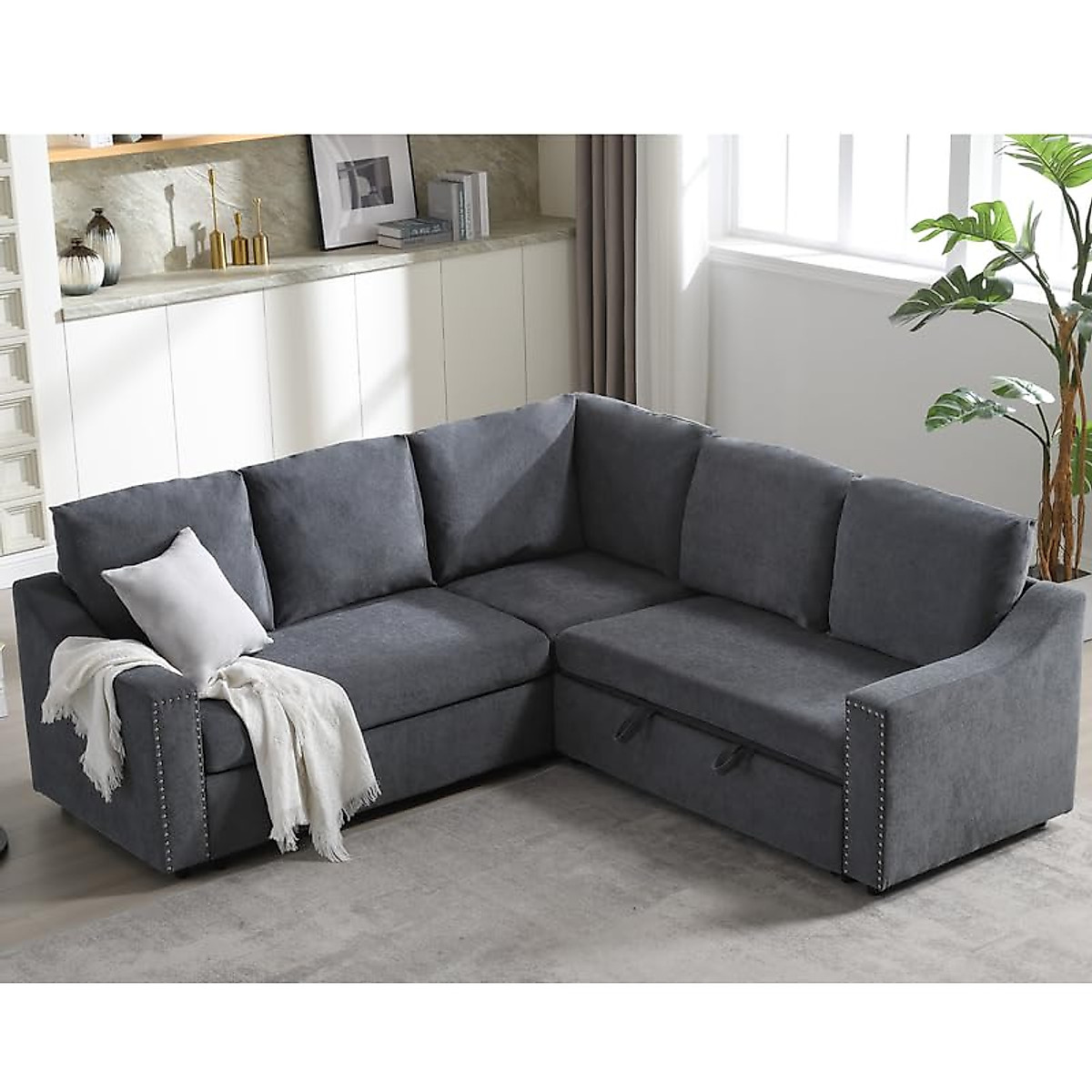Couches for Living Room, Convertible Sectional Sofa Couch L Shaped Couch with Pull Out Sofa Bed & Square Handrail, Built-in Nailheads Trim, 5-seat Modular Sectional Sofa for Small Spaces, Grey