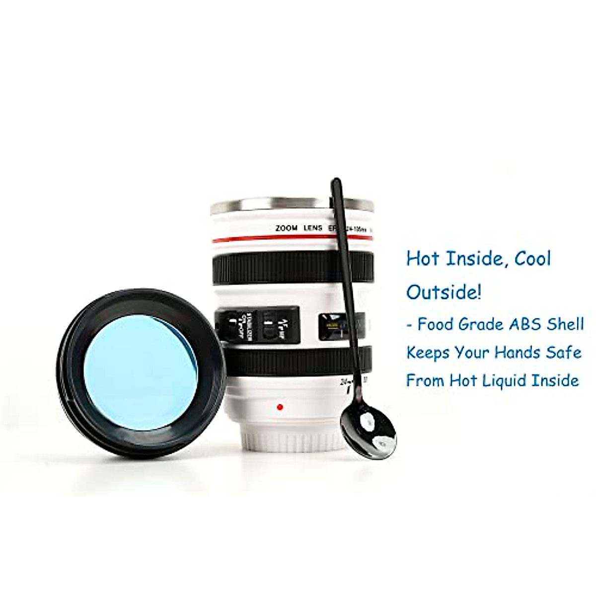 PhantAccy Camera Lens Coffee Mug / Cup Non-BPA Food Grade SUS-304 Stainless Steel Leakproof Travel Mug Tea Water Bottle with Lid and Spoon, 12 Ounce (White)