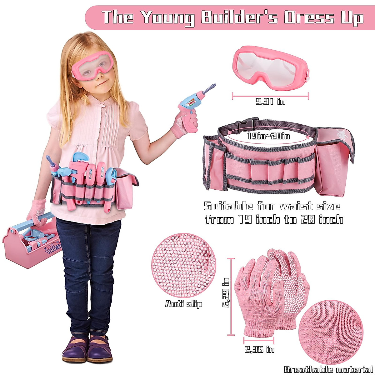 Kids Tool Set, 48PCS Toddler Tool Set with Electronic Toy Drill & Kids Tape Measure,Pretend Play Construction Toys Costume with Kids Tool Belt & Gloves,Toy Tools Box for Girl Boy Ages 3-8