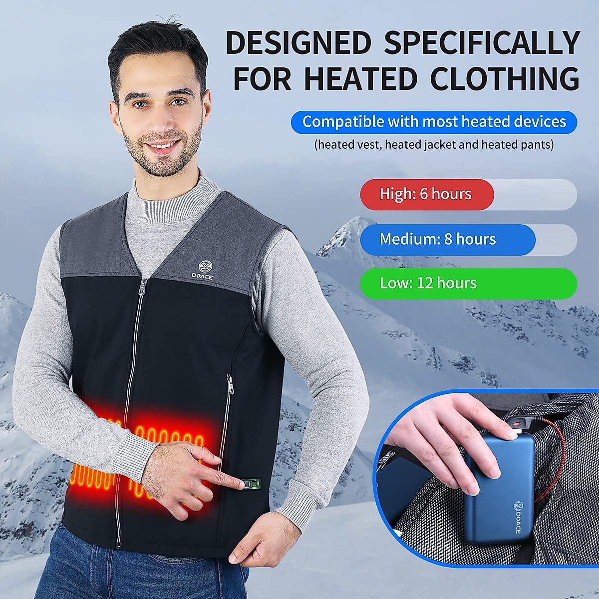 DOACE Portable Charger 20000mAh 5V/3A Power Bank with 18W Fast Charging for Heated Vest, Heated Jacket, Heated Pants, Outputs/Input Charger PD 22.5W Type-C for iPhone 13 Series, Samsung, Pad Mini