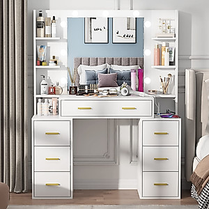 PAKASEPT Vanity Set with Lighted Mirror, 43'' Makeup Vanity with Charging Station, Vanity Desk with 9PCS LED Bulb, Storage Shelves, 7 Drawers for Bedroom(No Stool)