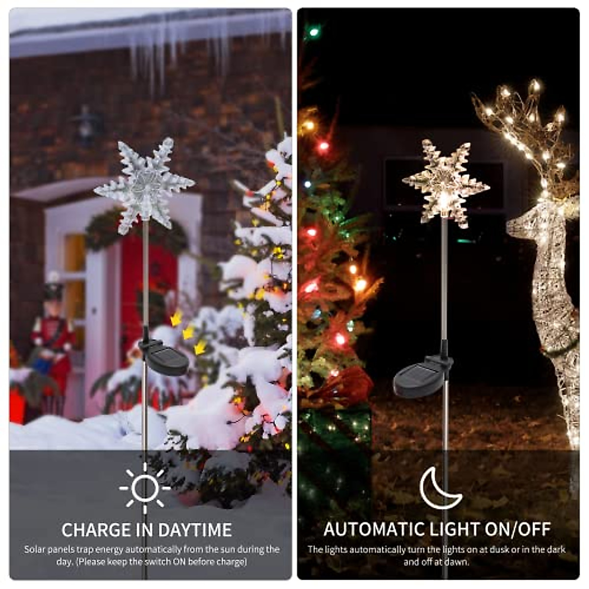 Glintoper 4 Pack Solar Christmas Snowflakes Figurine Lights, Outdoor Solar Powered Snowflake Decorative Lights with Garden Stakes, Warm White LED Xmas Lighting Yard Stake for Path Lawn Patio Decor