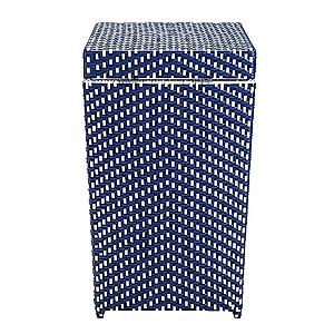 24/7 Shop at Home Locke Coastal Aluminum and All-Weather Wicker Outdoor Trash Can with Lid for Outdoor, Patio, Pool Area, Garden, Navy Blue and White