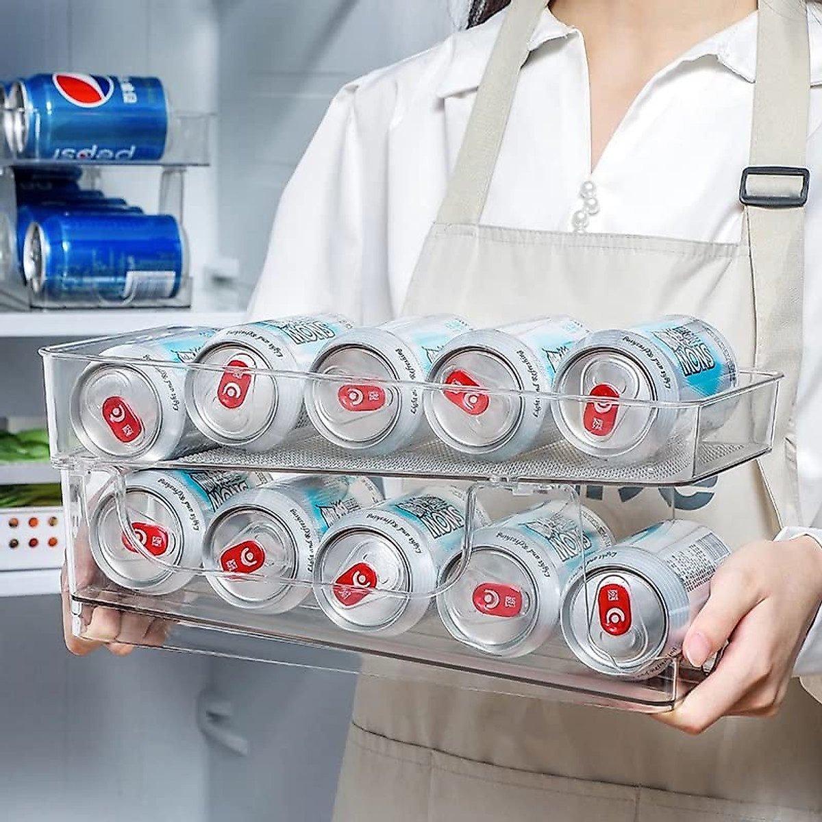 2 Tier Auto Rolling Soda Can Organizer for Refrigerator Freezer & Countertop Pantry Cabinets Beverage Dispenser Rack Clear BPA-FREE Plastic Stacking Container, Clear Transparent Plastic