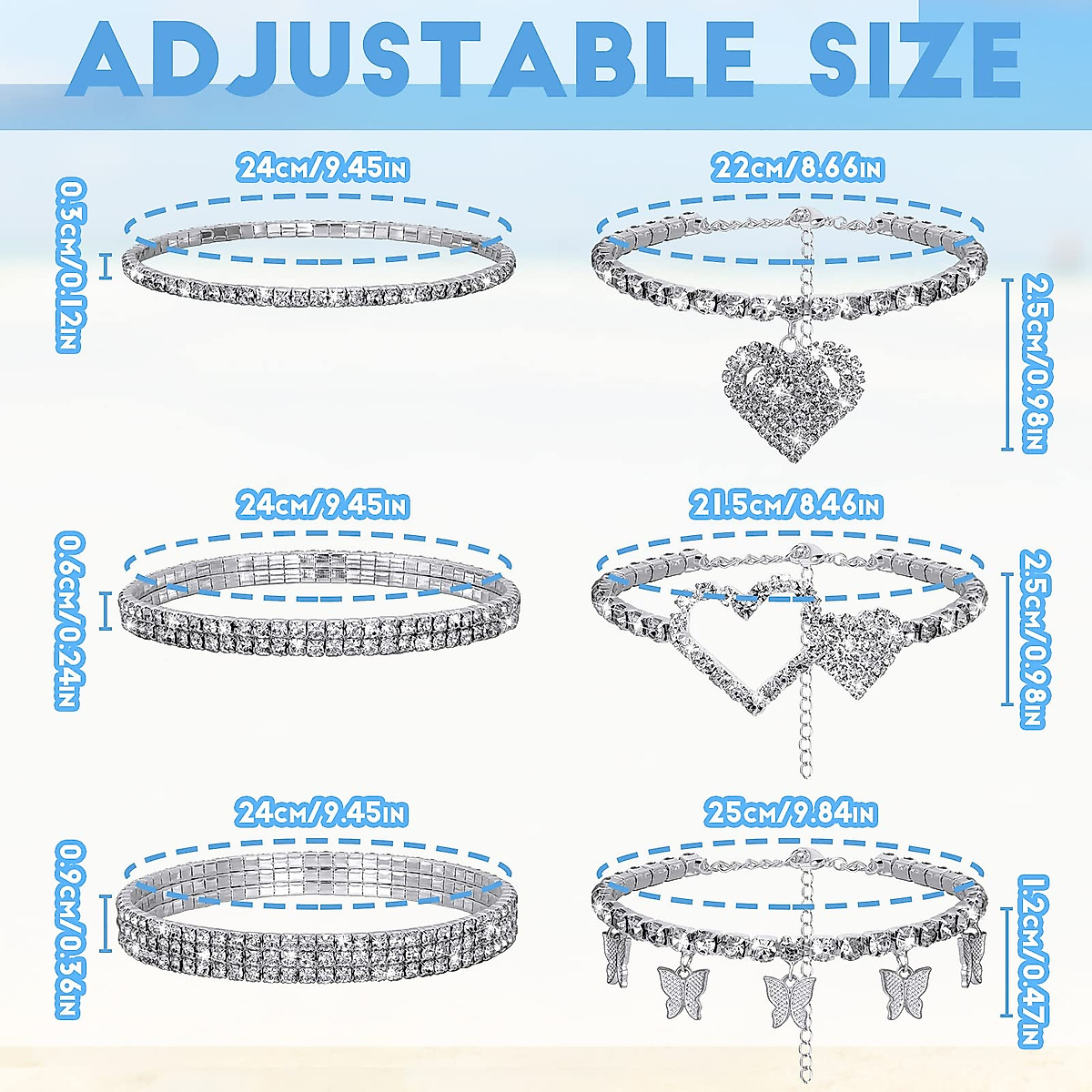 Laumoi 6 Pcs Ankle Bracelets for Women Christmas Rhinestone Stretch Anklet Heart Ankle Bracelets Anklet Jewelry Crystal Foot Chain(Silver, Heart Style)