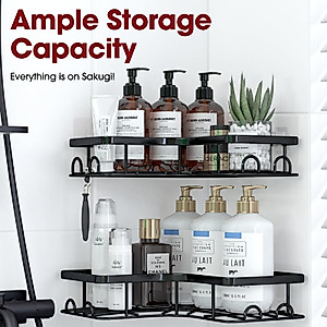 Sakugi Corner Shower Caddy - 2 Pack, Adhesive Shower Organizers, Rustproof Stainless Steel Shower Shelves with 8 Hooks, No Drilling Bathroom Organizers and Storage Racks, Space-Saving, Black,Medium