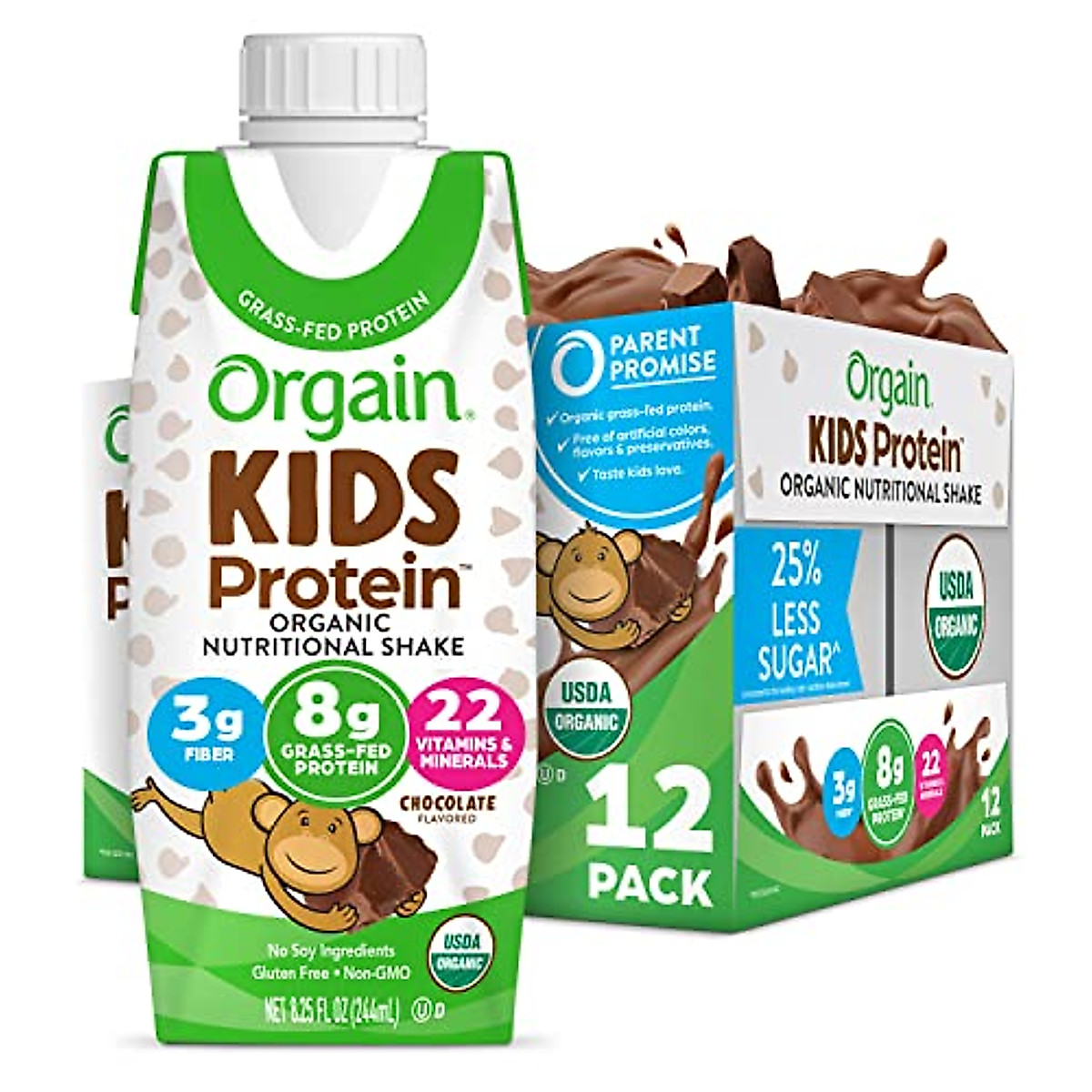Orgain Organic Kids Protein Nutritional Shake, Chocolate - 8g of Protein, 22 Vitamins & Minerals, Fruits & Vegetables, Gluten Free, Soy Free, Non-GMO, 8.25 Fl Oz (Pack of 12)