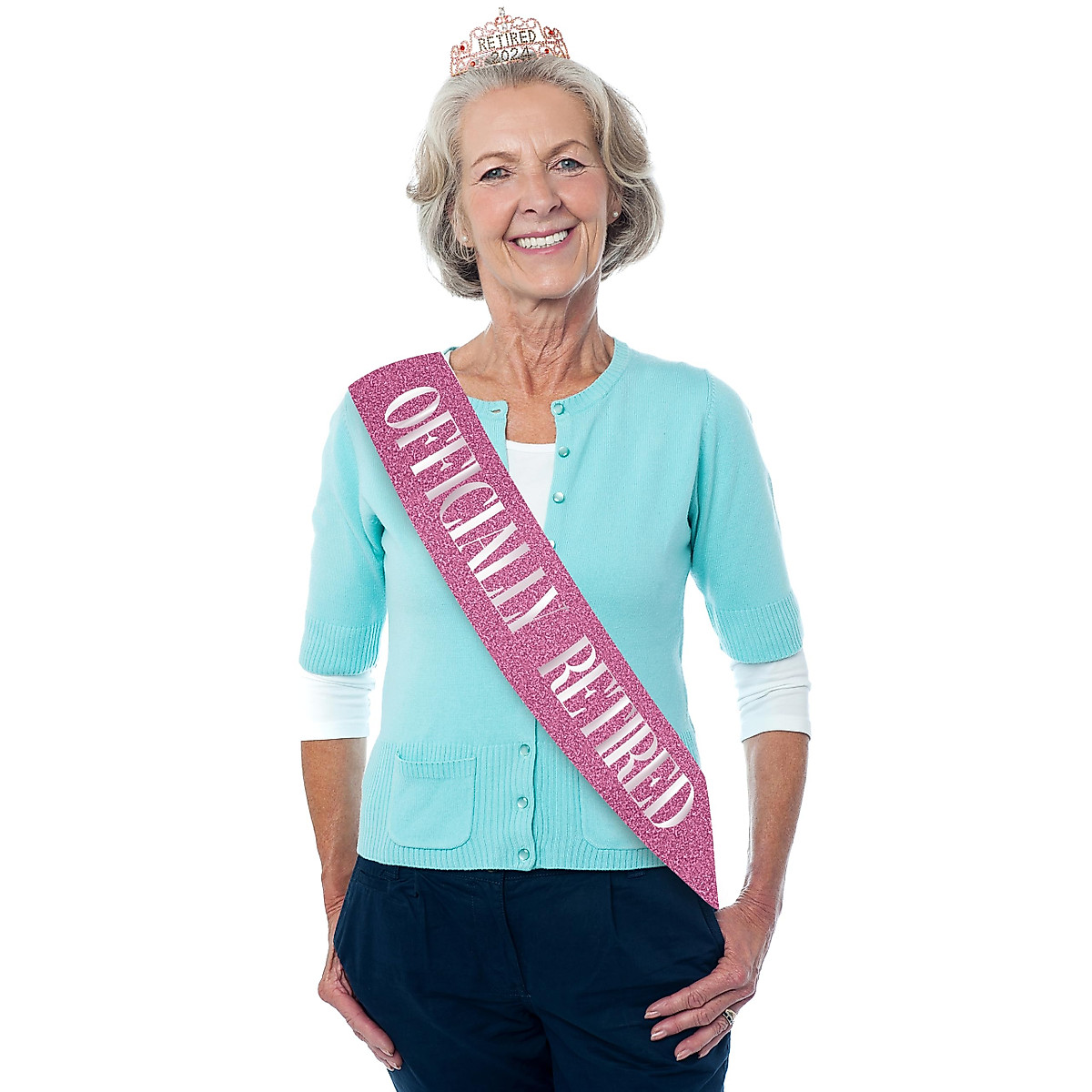 2024 Retirement Tiara & Sash - Officially Retired Sash & Crown for Parties, Events, Gifts, Favors, and Decorations (Pink)