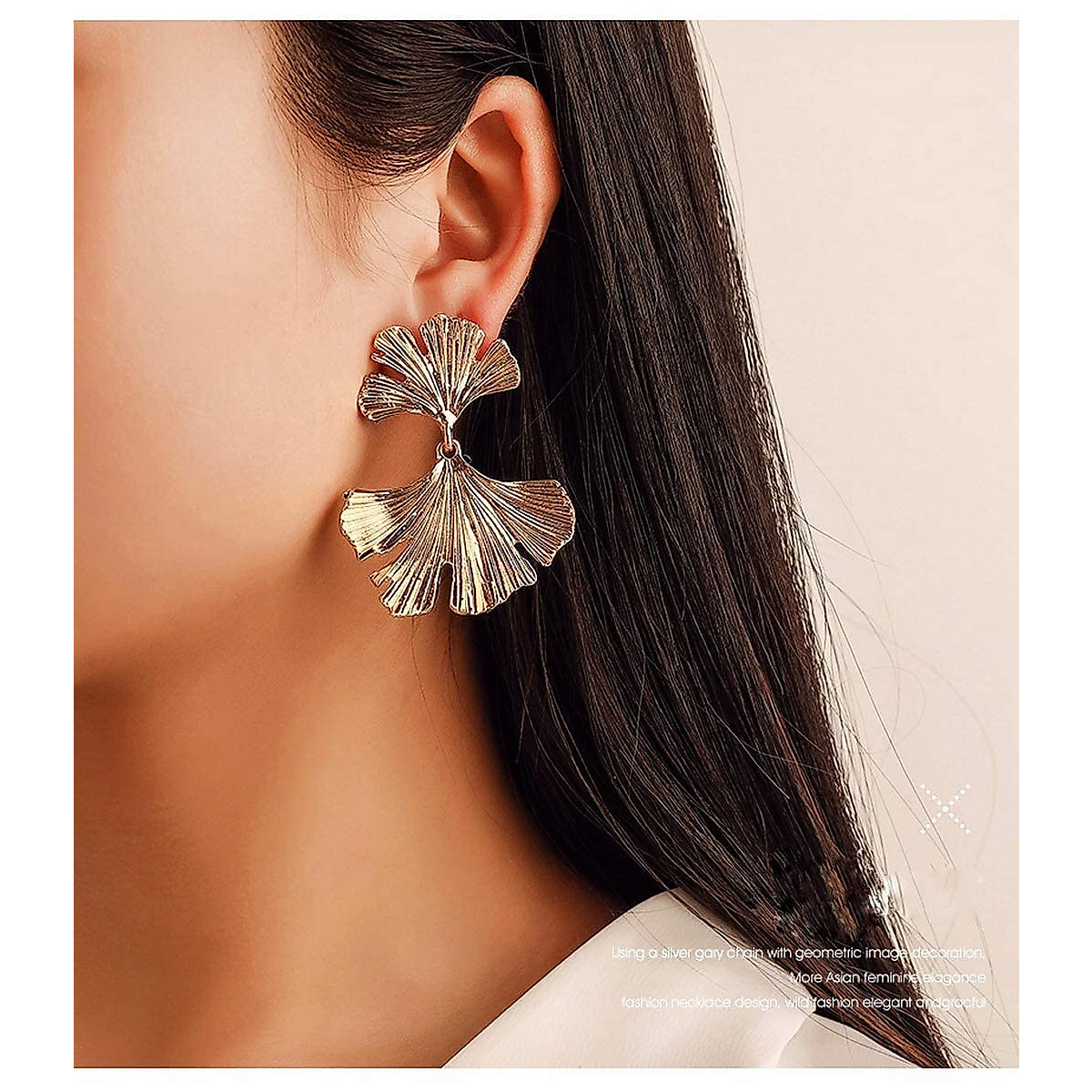 14K Gold Plated Flower Earrings for Women,Statement Ginkgo Leaf Earrings,Dainty Trendy Big Floral Earrings,Elegant Geometric Irregular Hawaiian Unique Plant Earrings Fashion Jewelry(Gin gold)