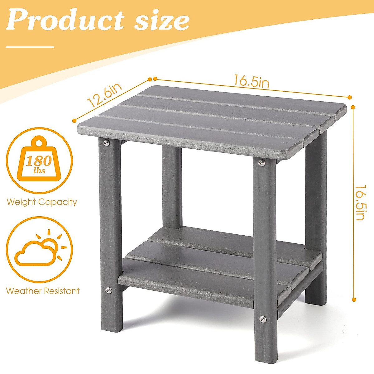 Apolimi Adirondack Outdoor Side Table, 2-Tier Sturdy Patio End Table Weather Resistant, 16.5" Solid Side Table for Patio, Pool, Porch (Grey)