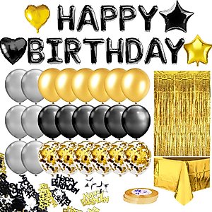 MOVINPE Black Gold Birthday Party Decoration, Black Happy Birthday Banner, Golden Fringe Curtain, Foil Tablecloth, Heart Star Confetti Balloons, 10g Table Confetti for Girl Boy Kids Men Women Adults