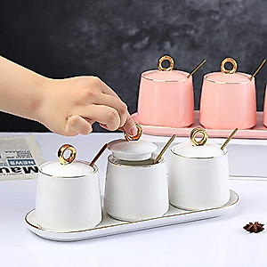 White Ceramic Sugar Bowls Condiment Pots Spice Jars Seasoning Box Set with Lid Spoon and Tray-Sets of 3
