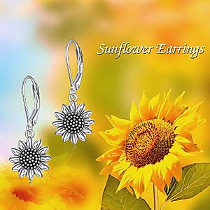 POPLYKE Antiqued Sunflower Leverback Dangle Earrings S925 Sterling Silver Sunflower Earrings for Women
