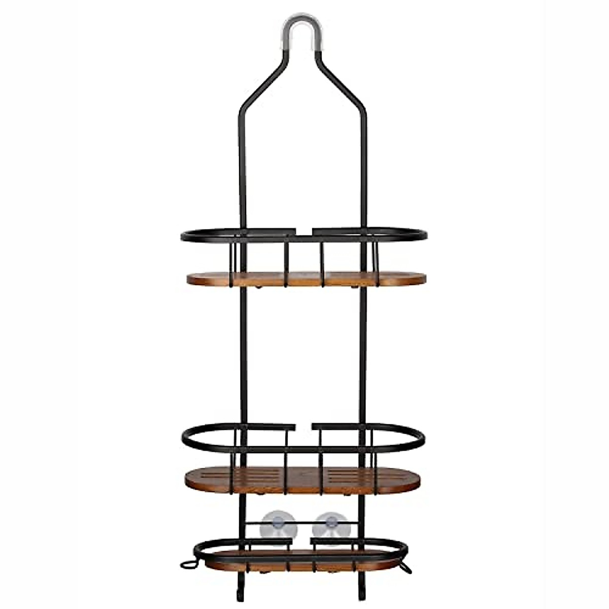 Utopia Alley Tia Rustproof Teak Overhead Shower Caddy with 3 Shelves - Decorative Shower Rack for Shampoo & Toiletries Storage, Hanging Shower Head Organizer - Black Finish