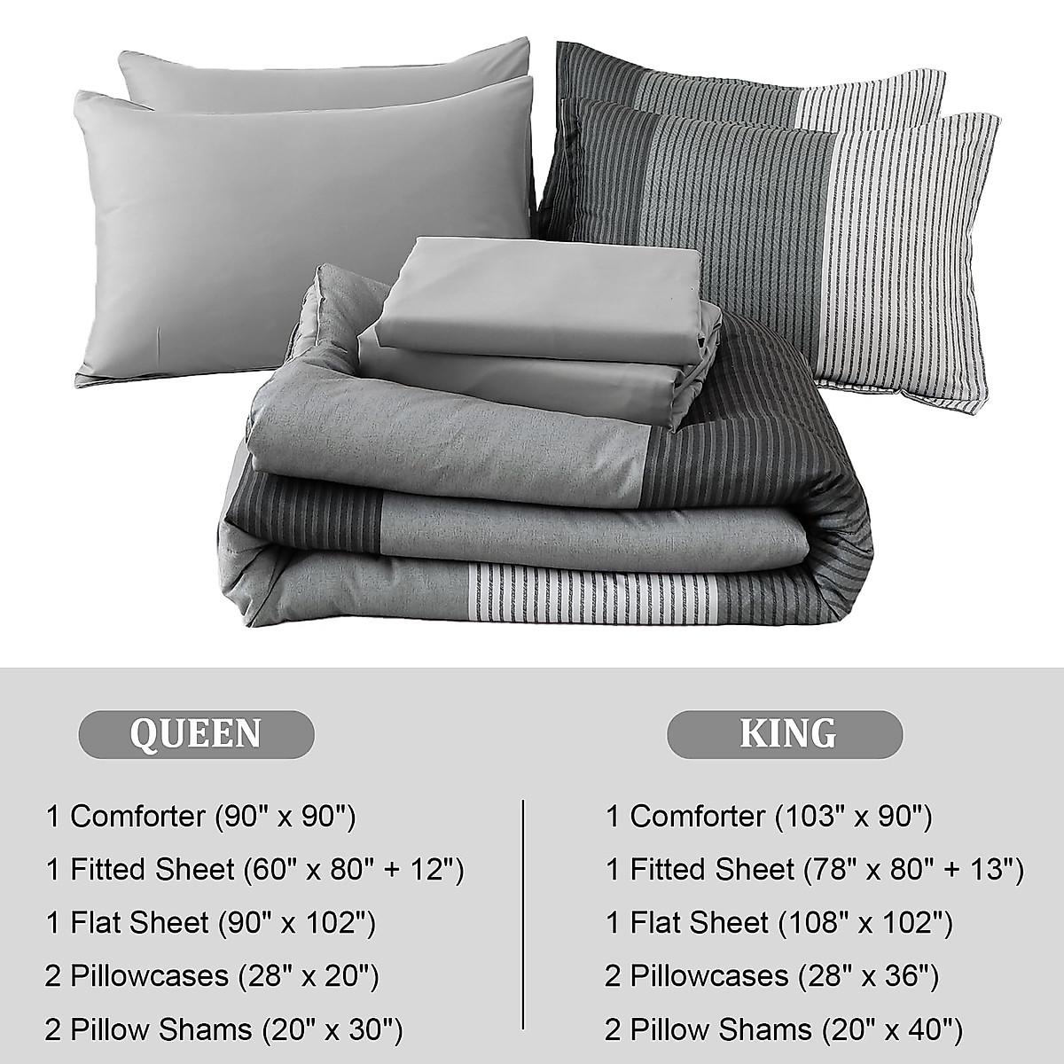 Grey Queen Comforter Set 7 Pieces, Ombre Striped Bed in a Bag Queen with Sheet Sheet, All Season Boho Patchwork Down Alternative Comforter Bedding Set