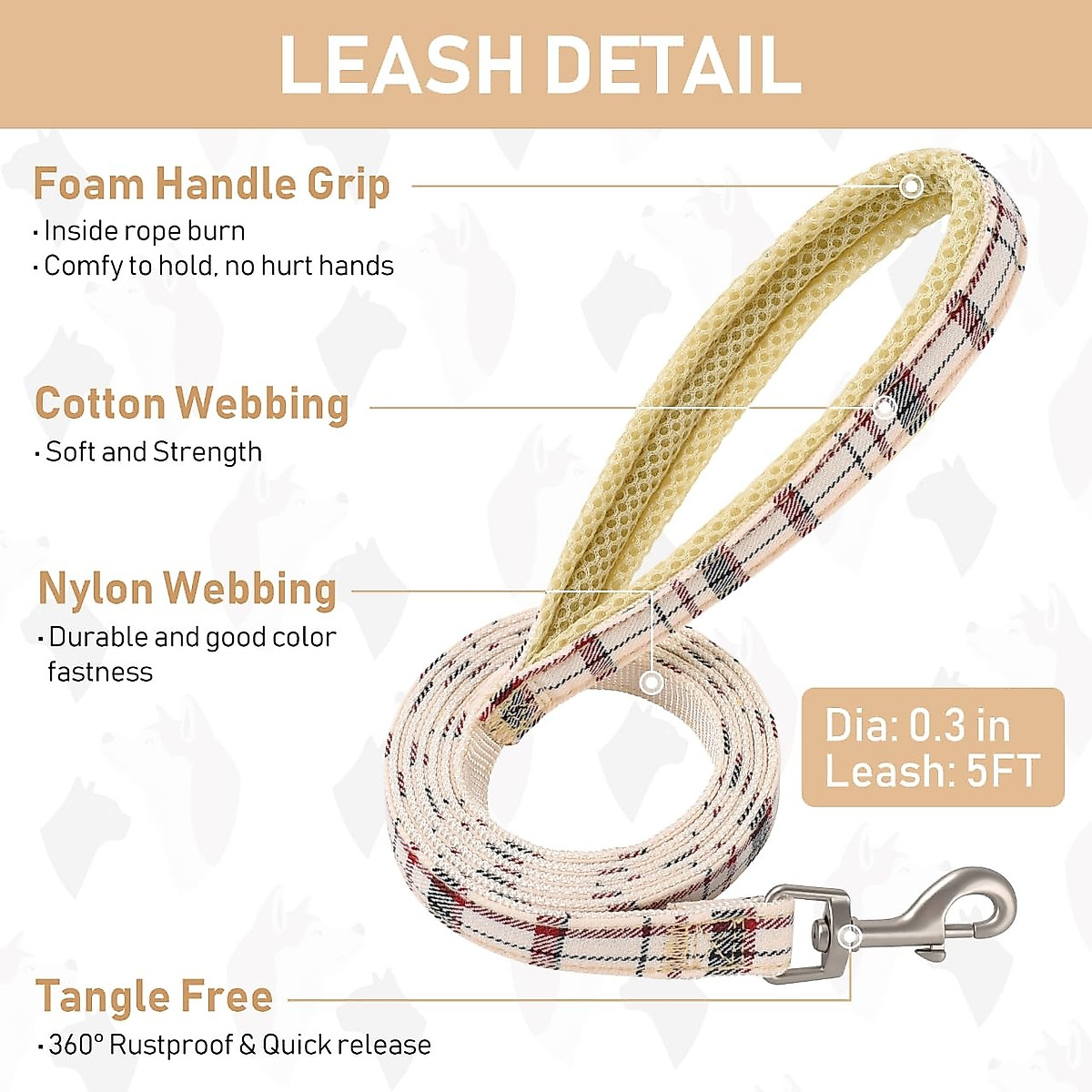 GAMUDA Dog Harness Collar and Leash Set, Dog Harness, No Chock No Pull Adjustable Vest Harnesses Plaid Reflective for Medium Dog, Cat, Small Horse, Small Bull and Pig (Beige, S)