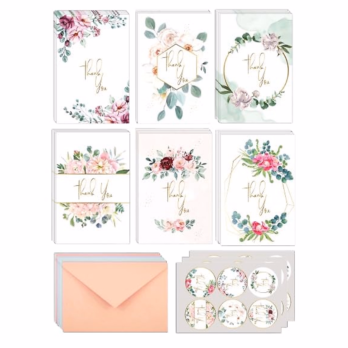 WHOLISTIC JOY Thank You Cards 48 ct Set | 6 Floral Designs Stationary | Gold Foil | Matching Envelopes & Stickers Designs | Special Occastion | Wedding, Birthday, Graduation, Baby Shower